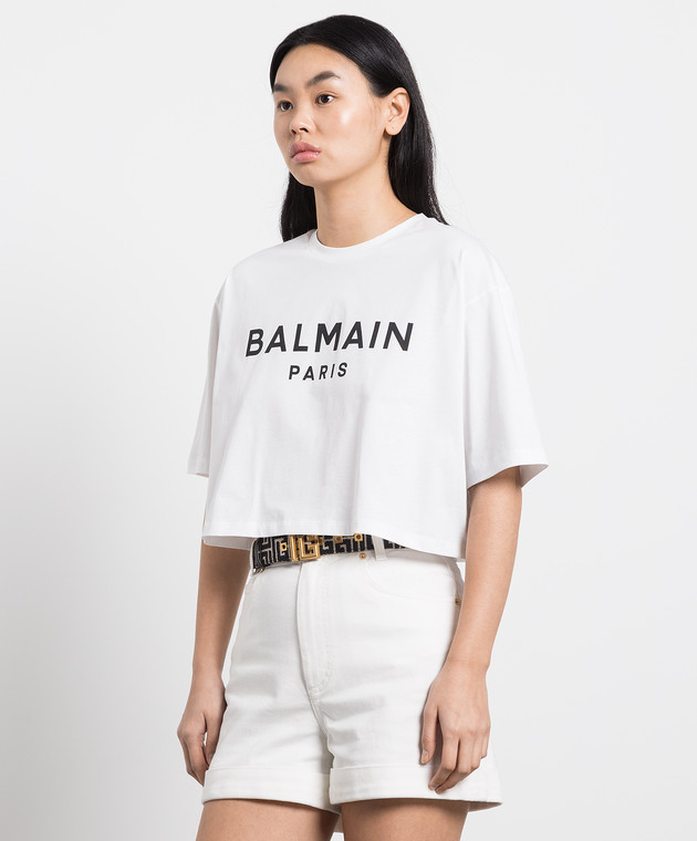 Balmain - Белая футболка с контрастным принтом логотипа AF1EE020BB02 ...