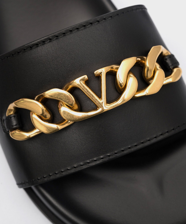 Valentino - Black leather flip-flops with metal VLogo Chain detail ...